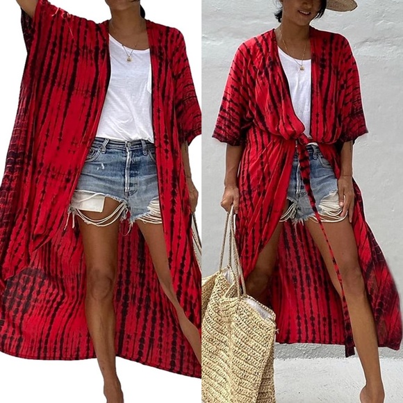 Think Vintage Online | Tops | Red Black Open Front Womans Kimono Nwt ...